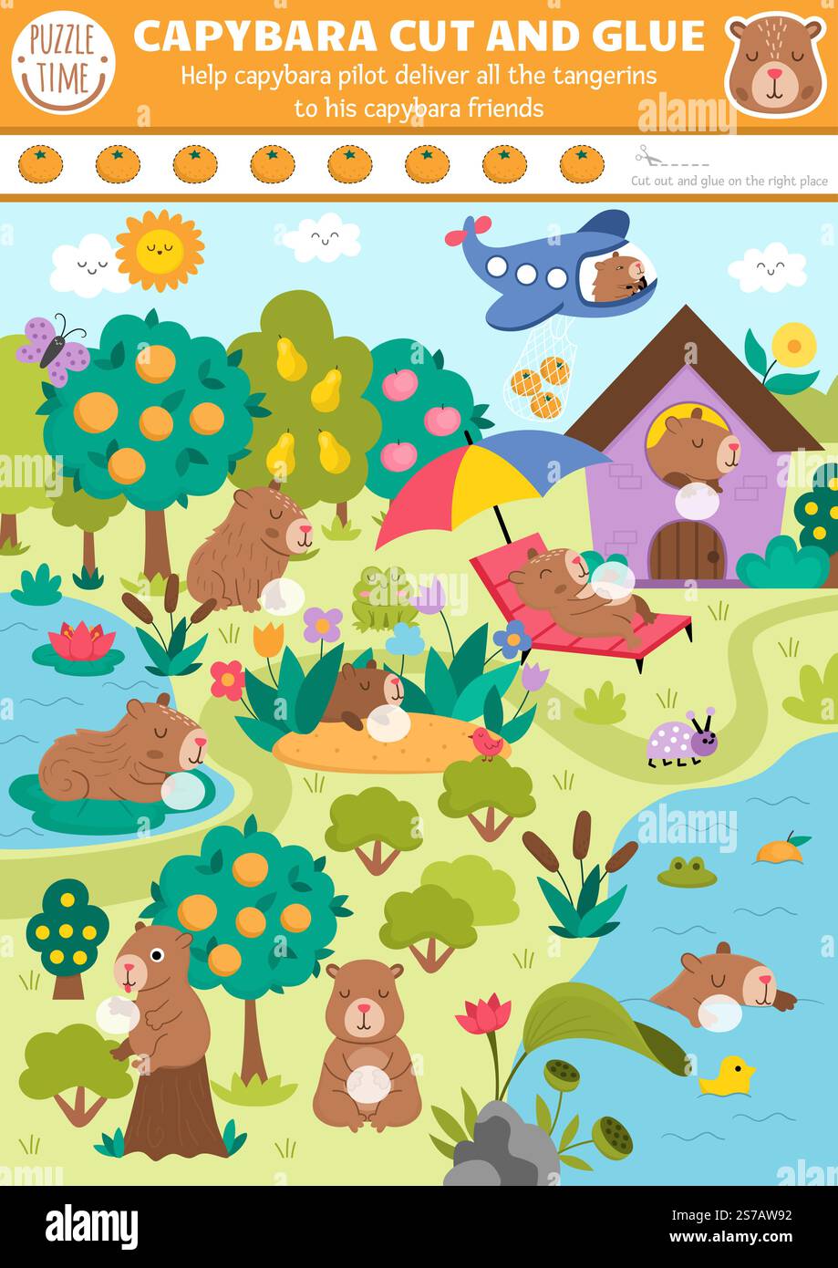 Vector capybara cut and glue activity. Crafting game with summer ...