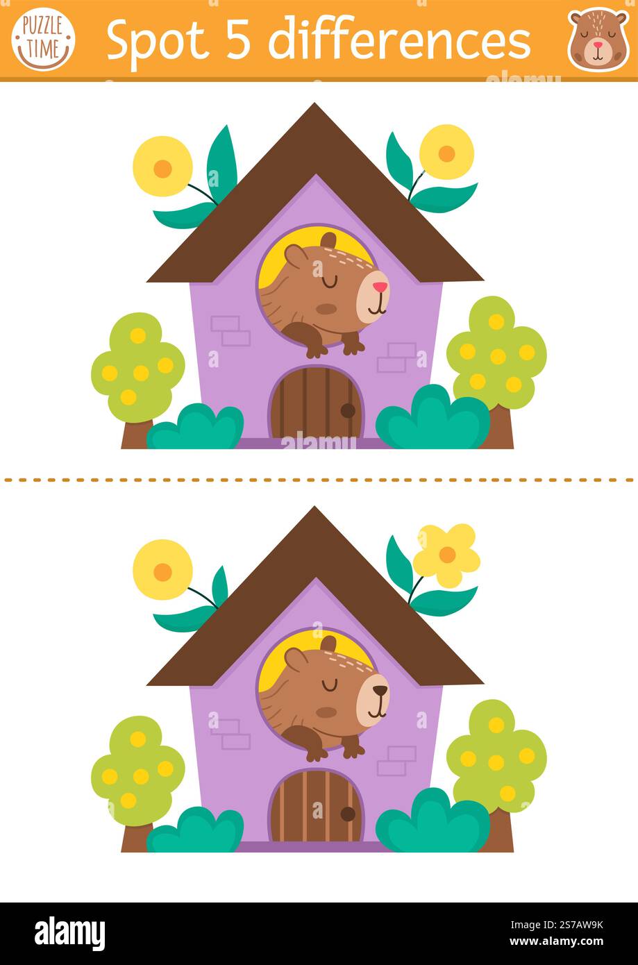 Find differences game for children. Capybara educational activity with cute animal in the purple ...