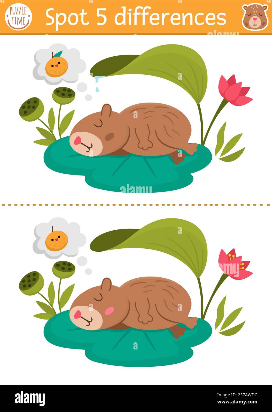 Find differences game for children. Capybara educational activity with cute animal sitting on ...