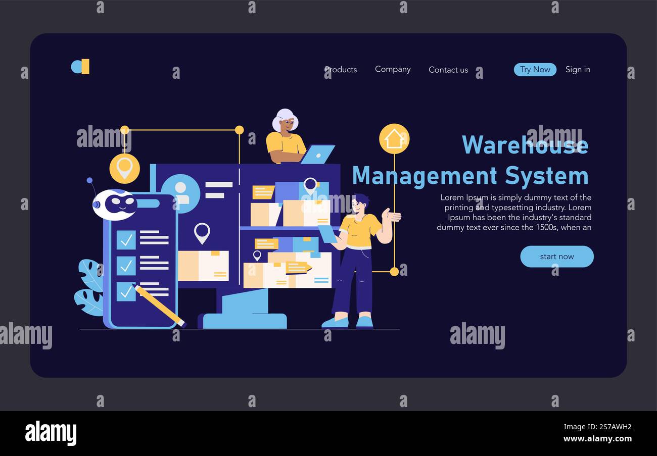 Logistics Automation concept. A streamlined digital warehouse management system with workers ...