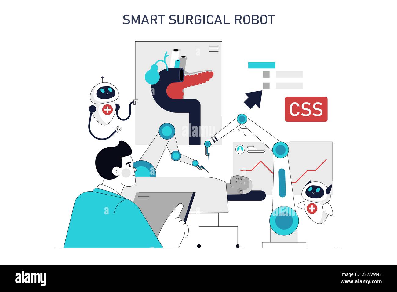 Automation in Healthcare concept. Illustration of robotic surgery and medical assistance ...
