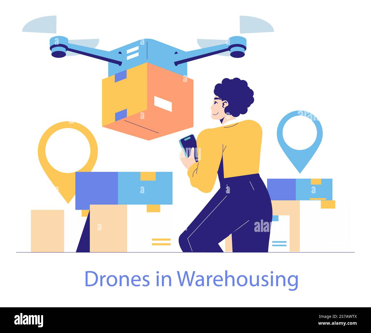 Logistics automation concept. A drone carries a package while a person ...