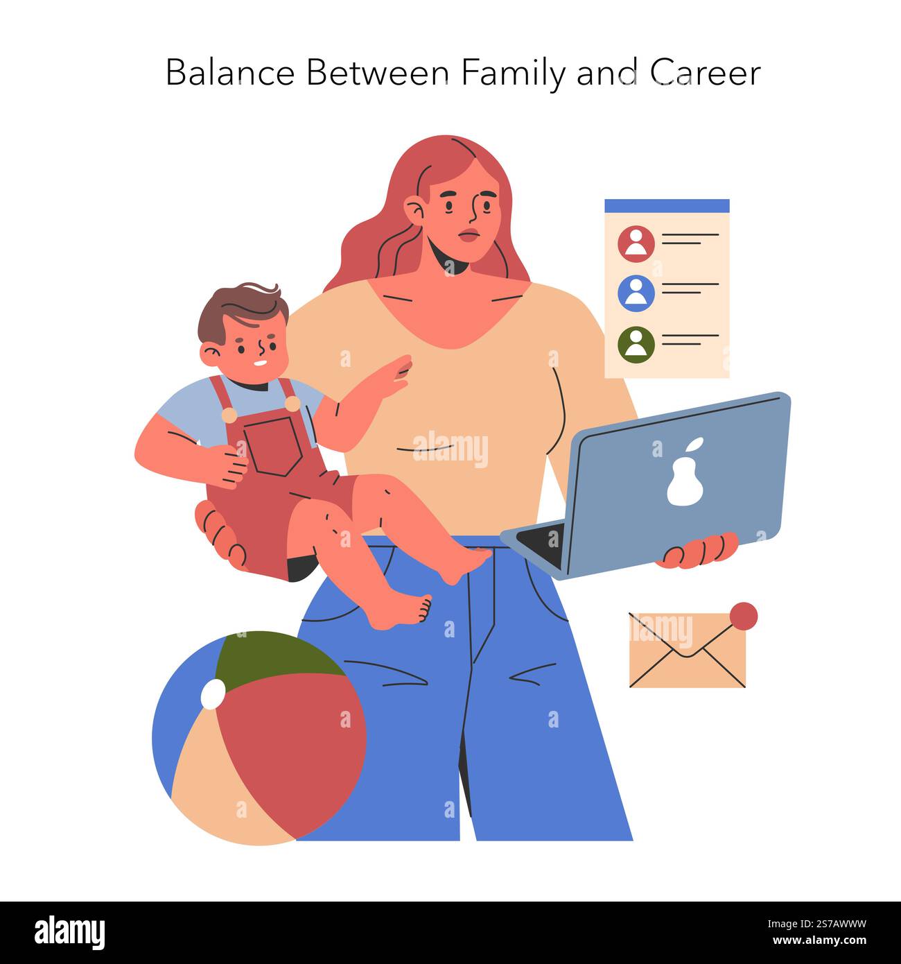 Work-life balance illustration. A multitasking woman balancing child ...