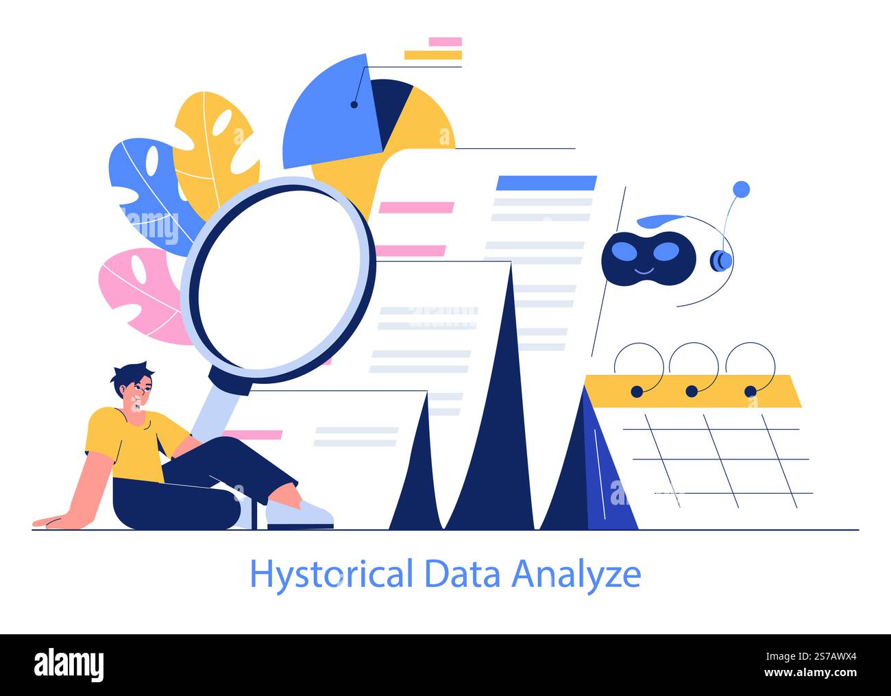 Historical Data Analysis concept. An individual examines past trends using a magnifying glass ...