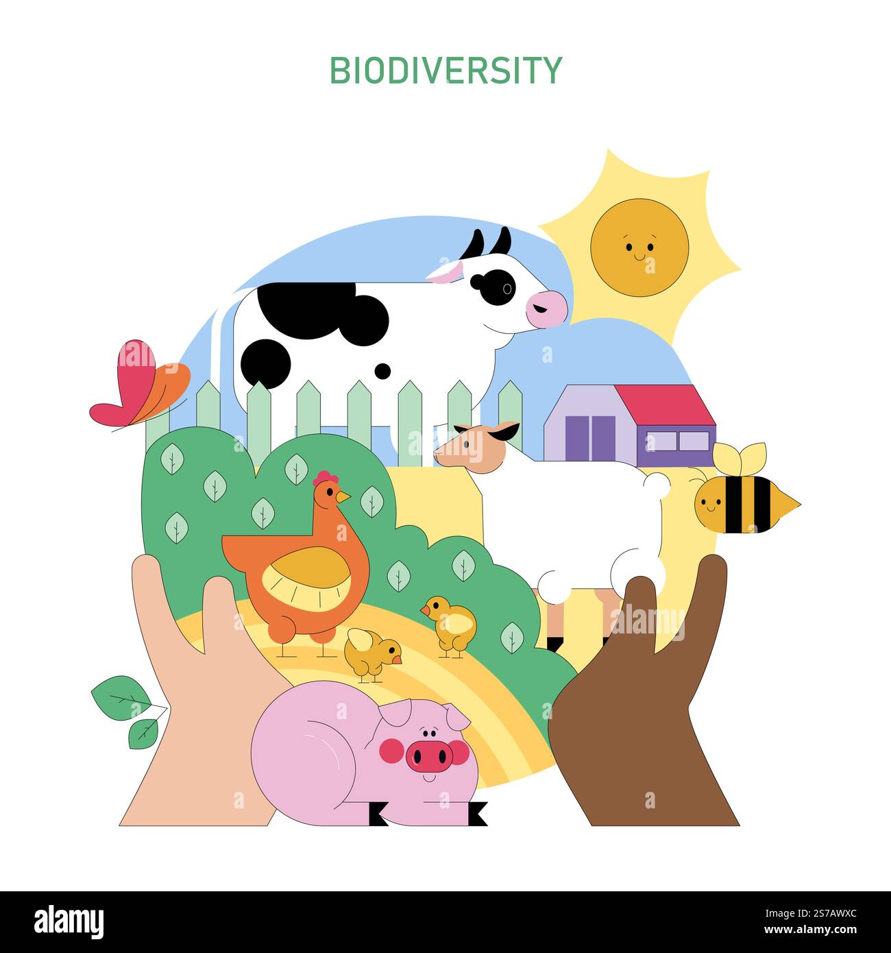 Biodiversity concept. A colorful representation of farm life and ...
