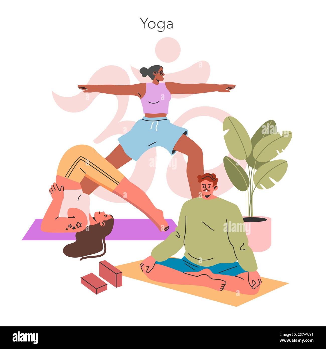 Yoga practice concept. Diverse characters performing yoga poses with ...