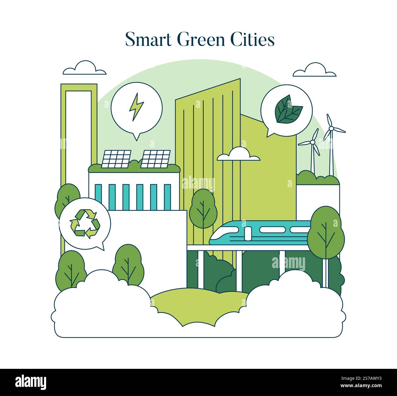 Green Infrastructure concept. Sustainable urban development with eco-friendly buildings and ...