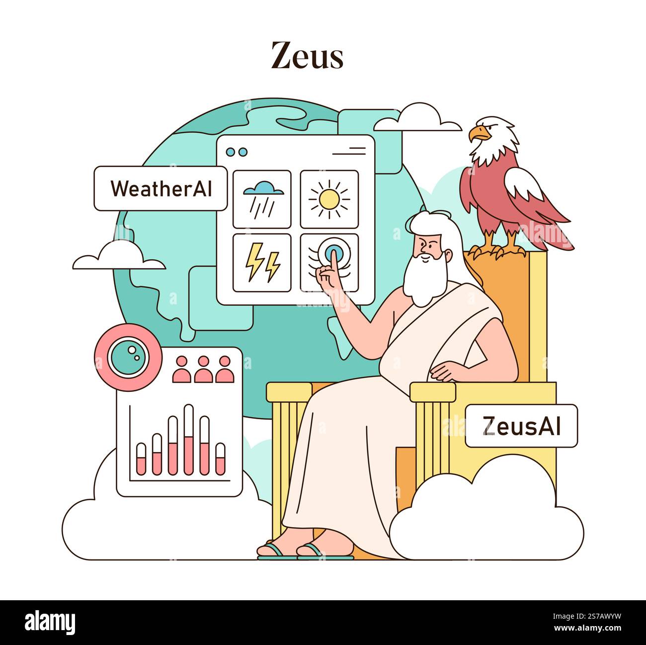 Olympic Gods Synergy AI concept. Zeus interfaces with weather AI technology among clouds and an ...