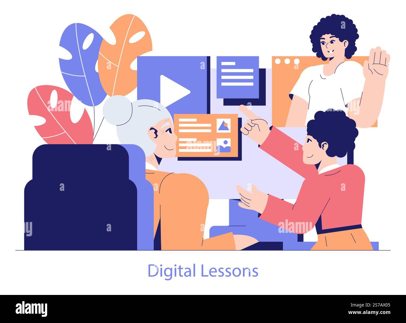 Inter generational Tech Support concept. A young teacher assists an older adult with digital ...