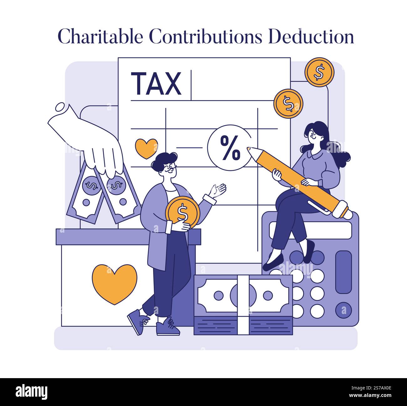 Charitable Contributions Deduction concept. Taxpayers calculating donation impact on tax savings ...