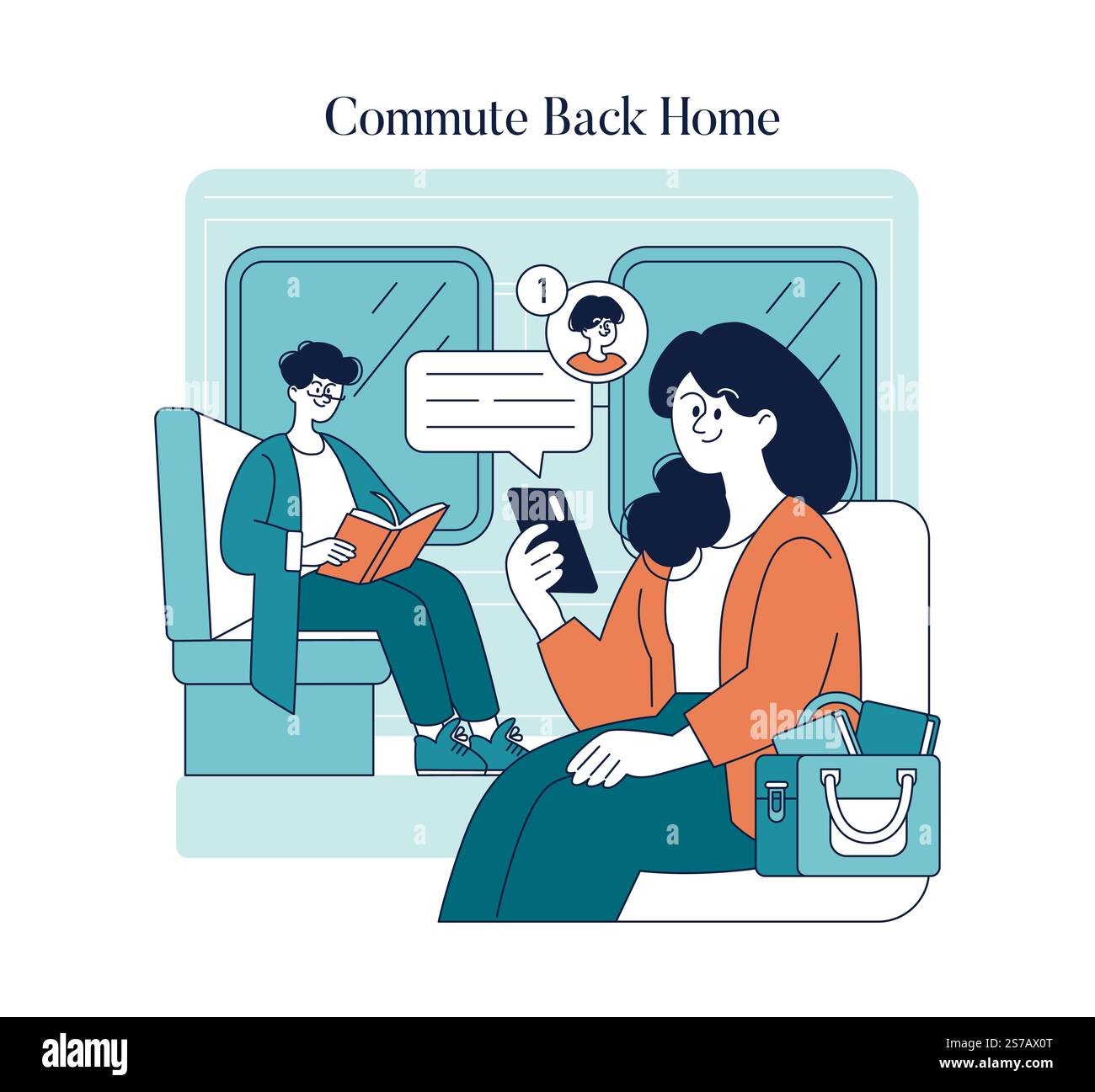 Working Mom Day concept. A mother on her commute home checks her phone ...