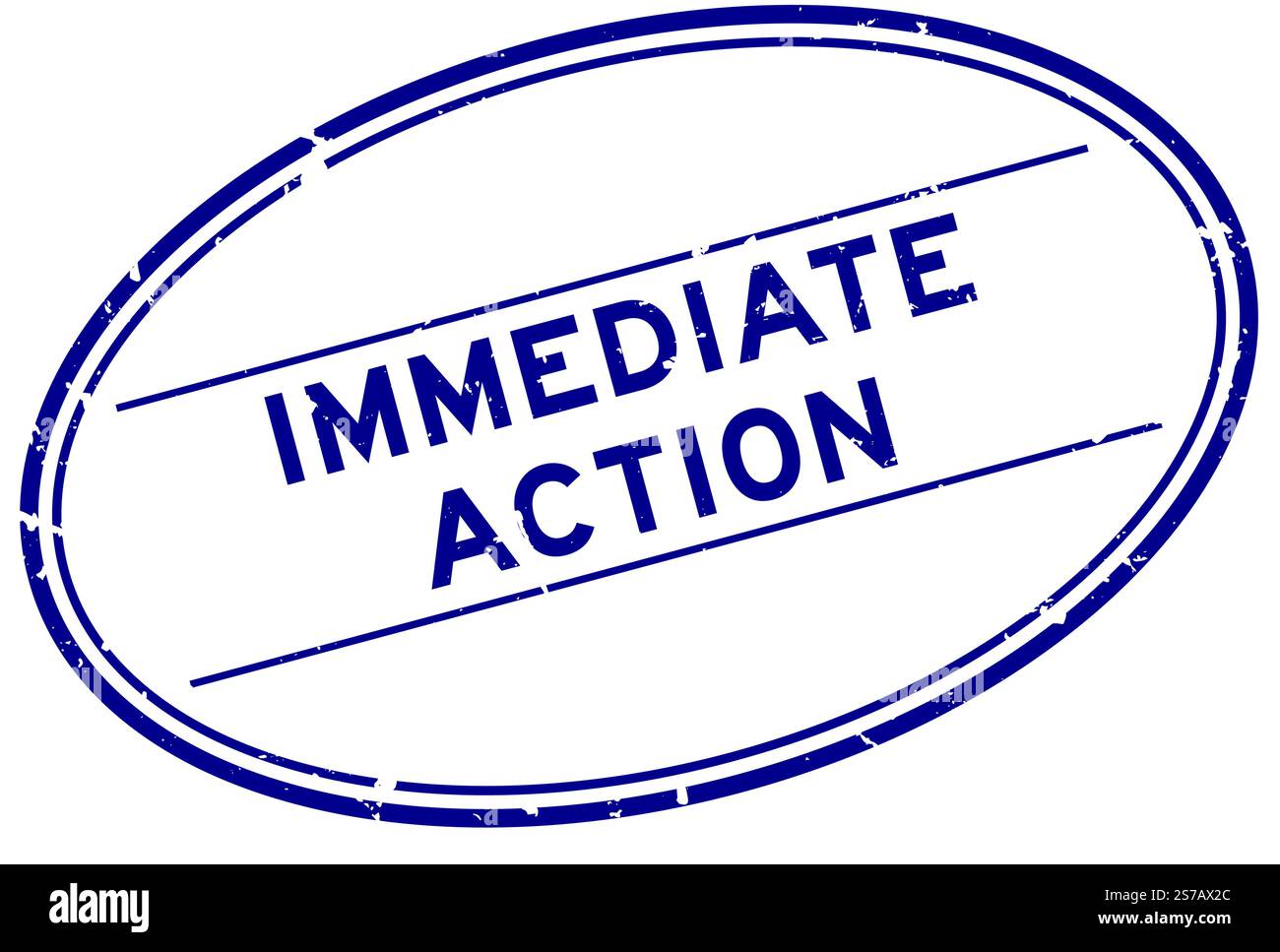 Grunge blue immediate action word oval rubber seal stamp on white ...