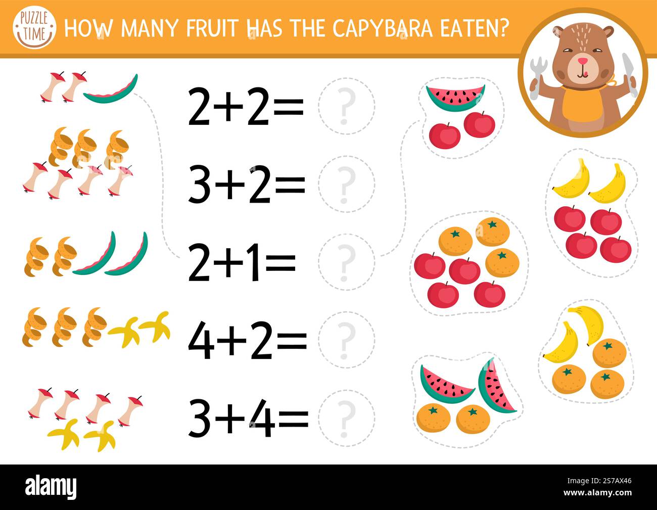 How many fruit game with cute capybara. Capibara math addition activity ...