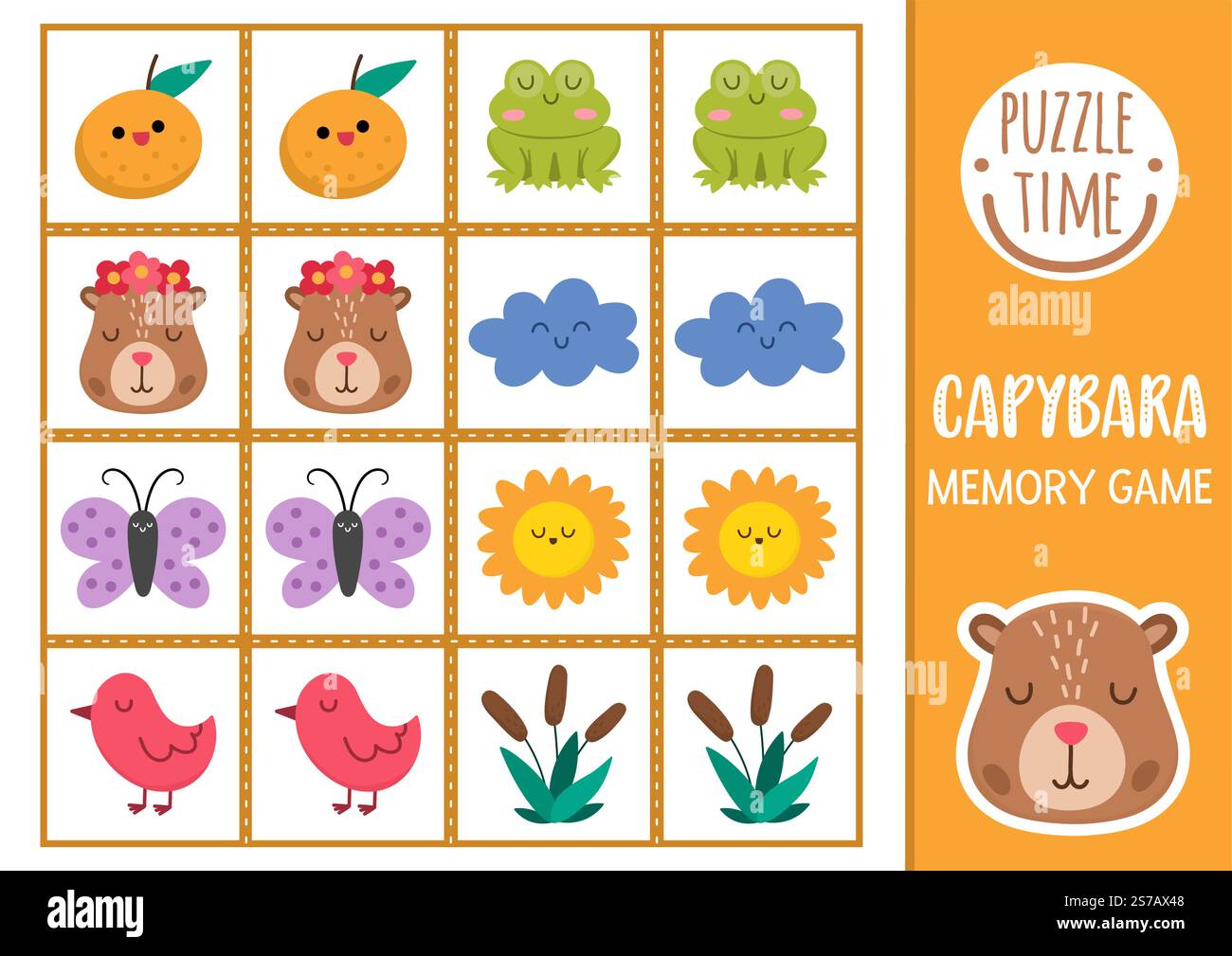 Vector capybara memory game cards with cute animals, frog, butterfly ...