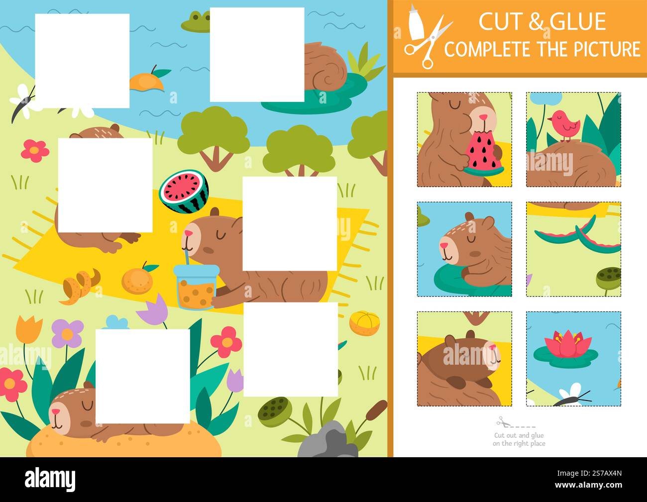 Vector capybara cut and glue activity. Crafting game with cute animals ...