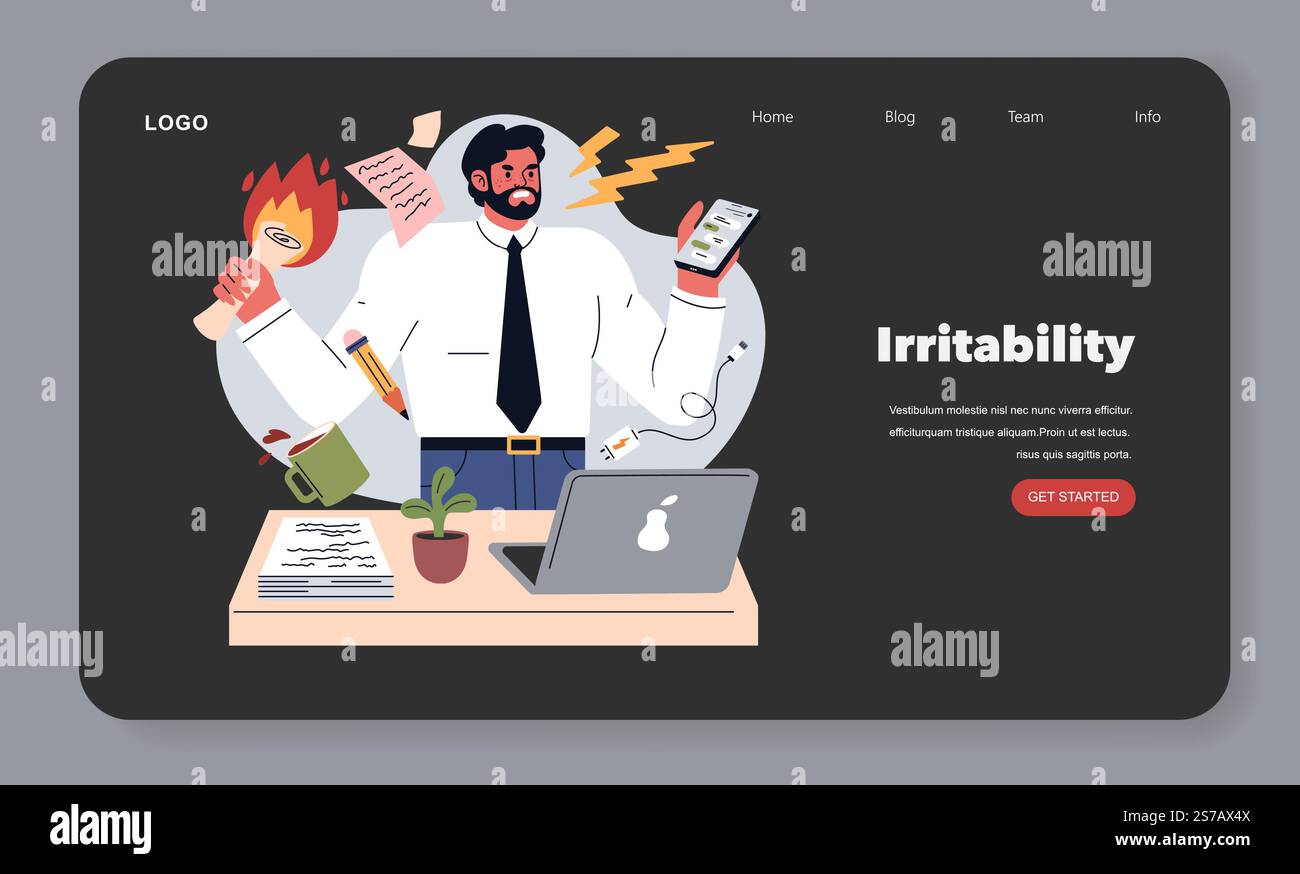 Burnout concept. An overstressed businessman at a cluttered desk ...