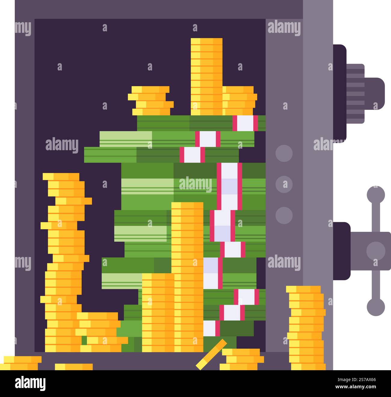Pixel art illustration of an open safe box overflowing with gold coins ...