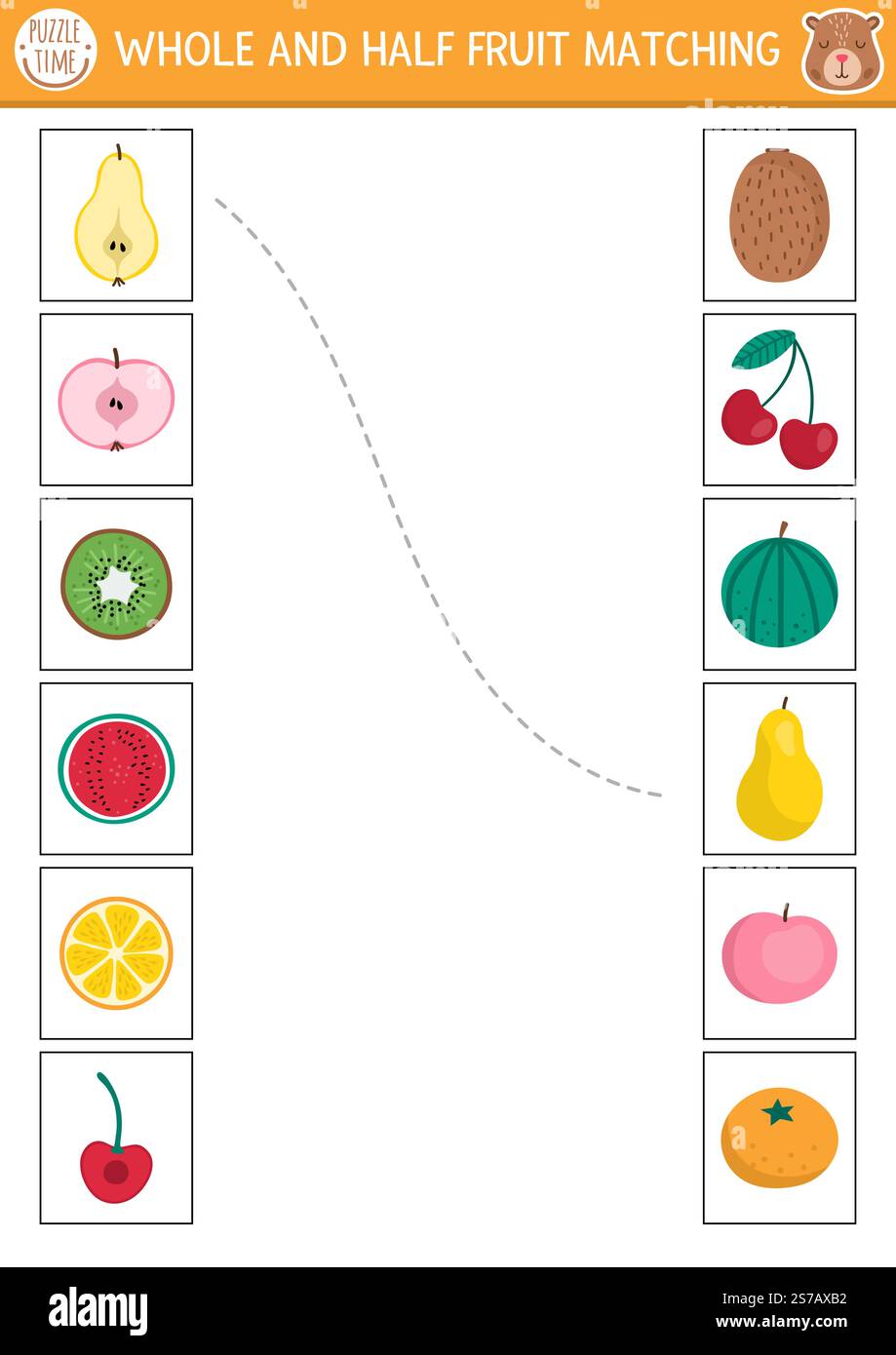 Vector half and whole berry and fruit mix and match puzzle. Matching ...