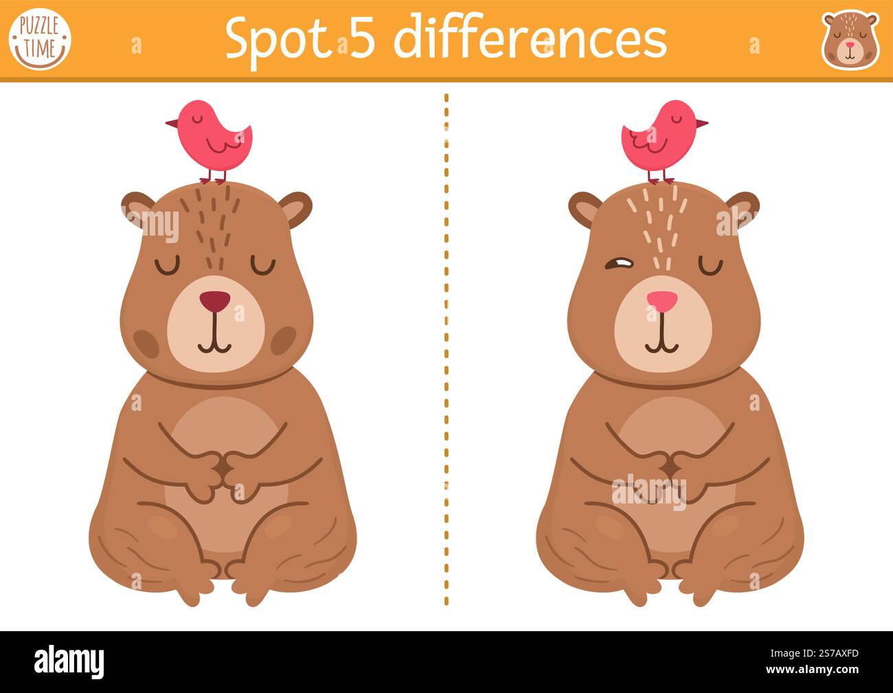 Find differences game for children. Capybara educational activity with cute animal meditating ...