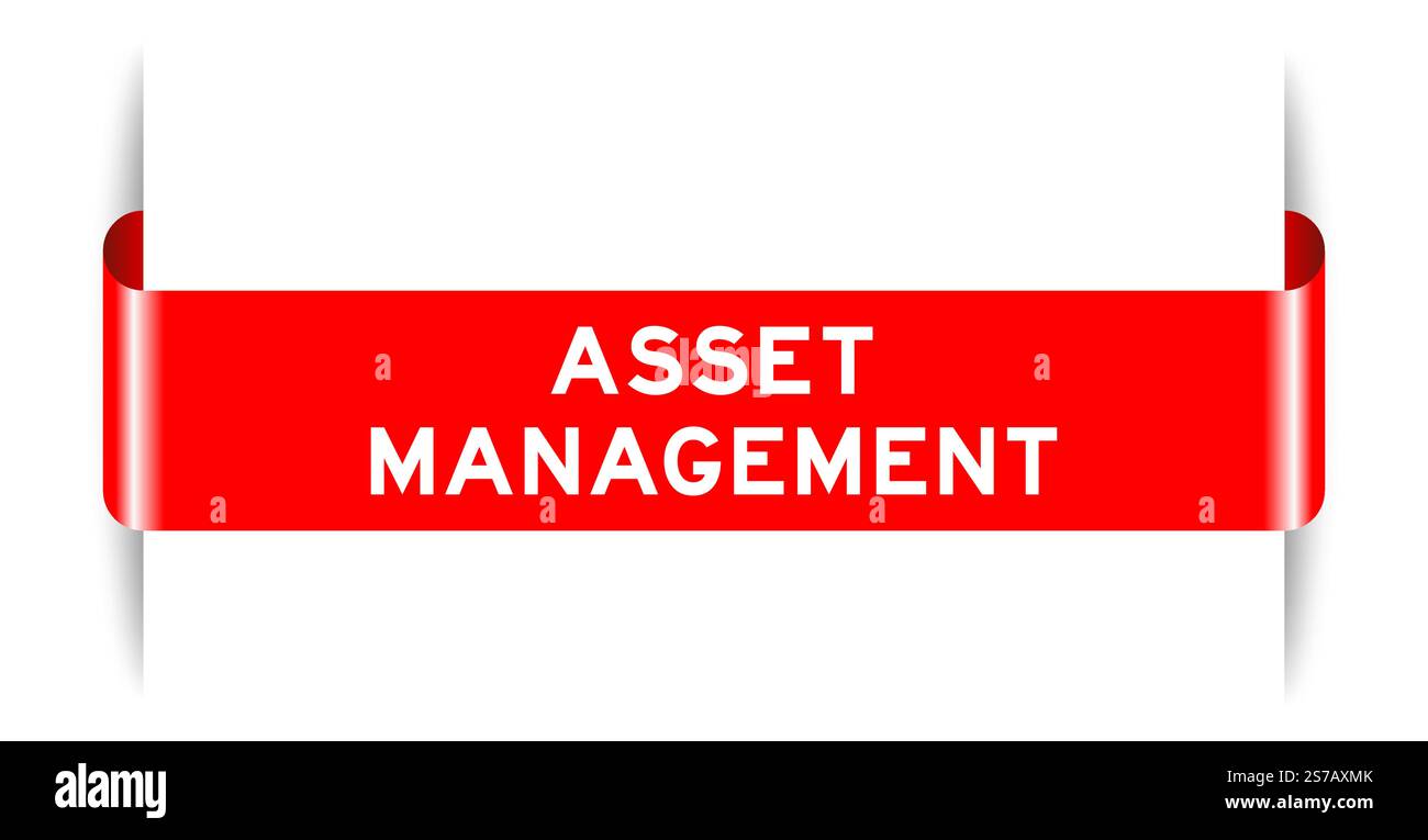 Red color inserted label banner with word asset management on white ...