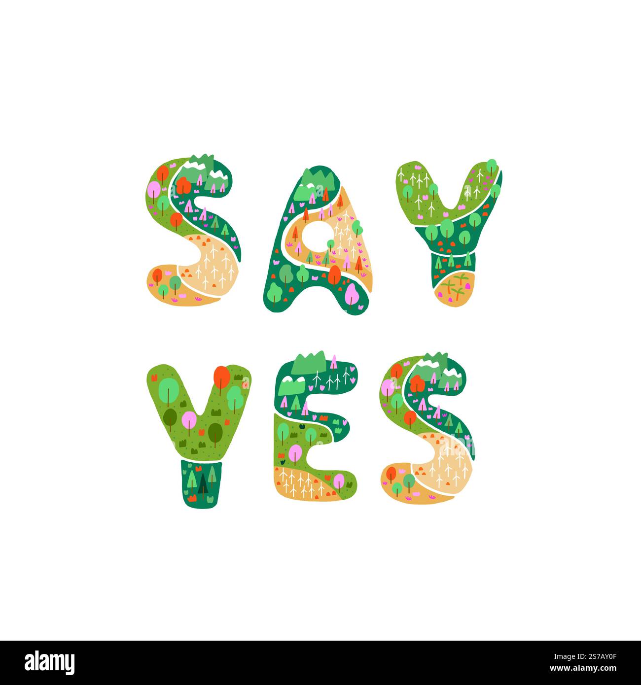 Hand-drawn vector illustration of Say Yes text styled as an island map ...