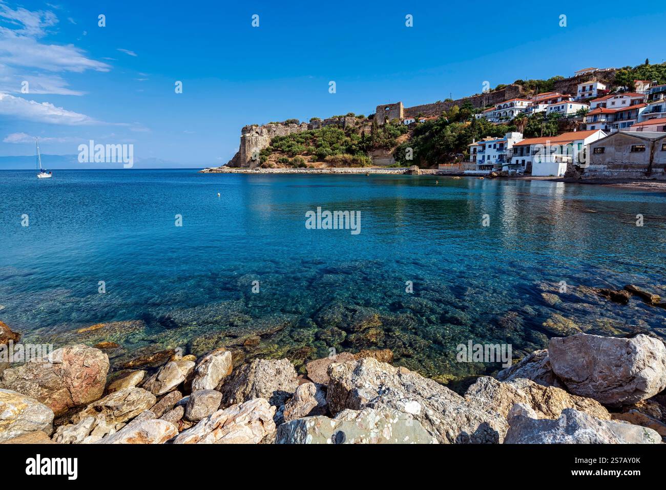 Scenic seaside view of Koroni, featuring turquoise waters, historic ...