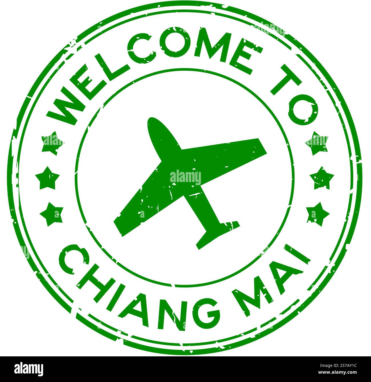 Grunge green welcome to chiang mai with airplane icon round rubber seal ...