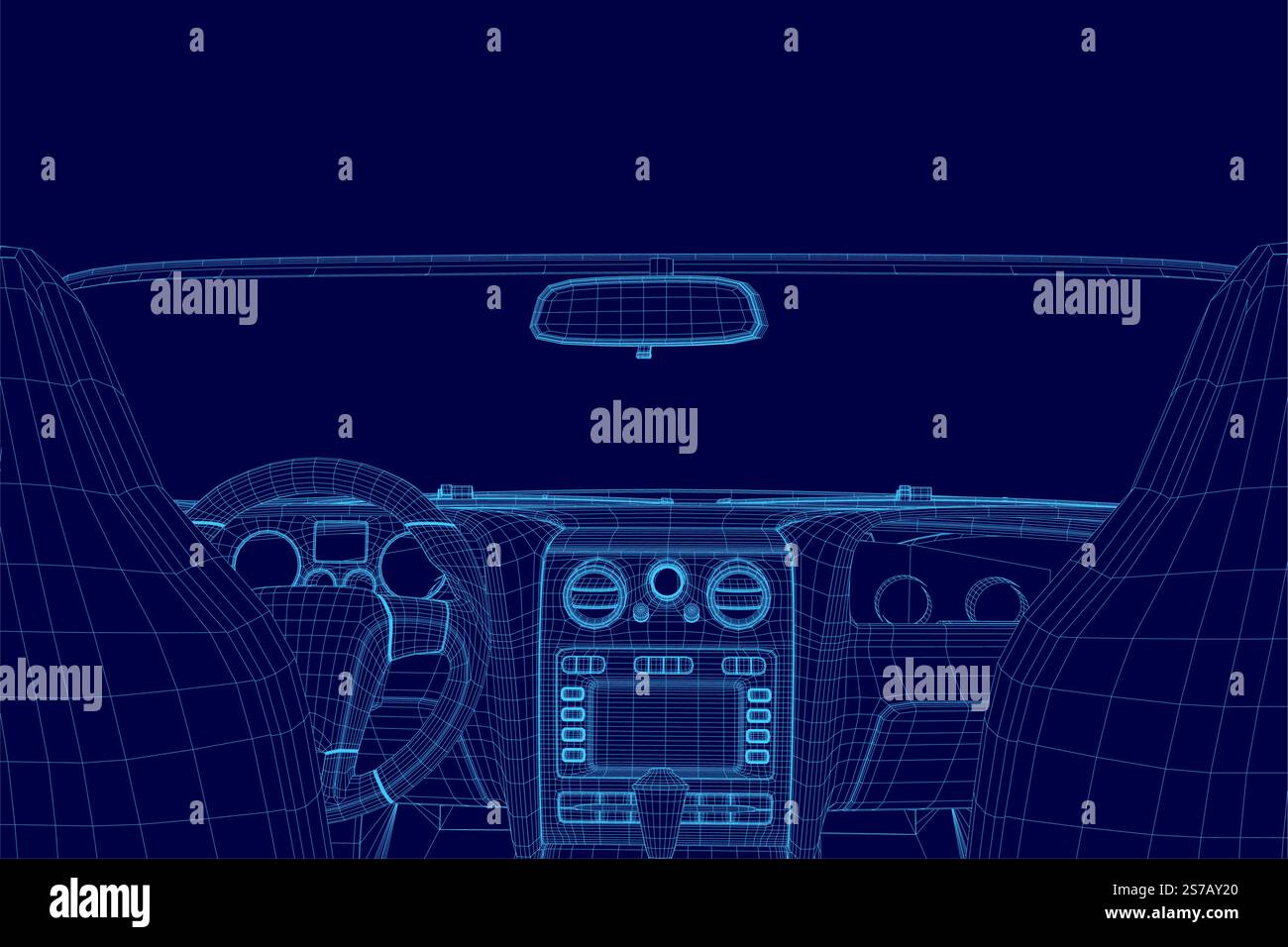 Blue car with a driver's seat and a steering wheel. The car is in a ...