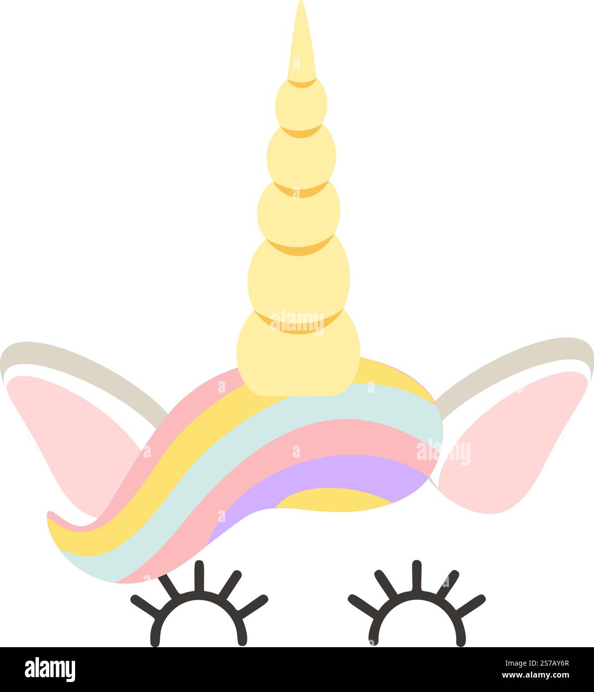 Adorable unicorn face featuring a rainbow colored mane, a prominent ...