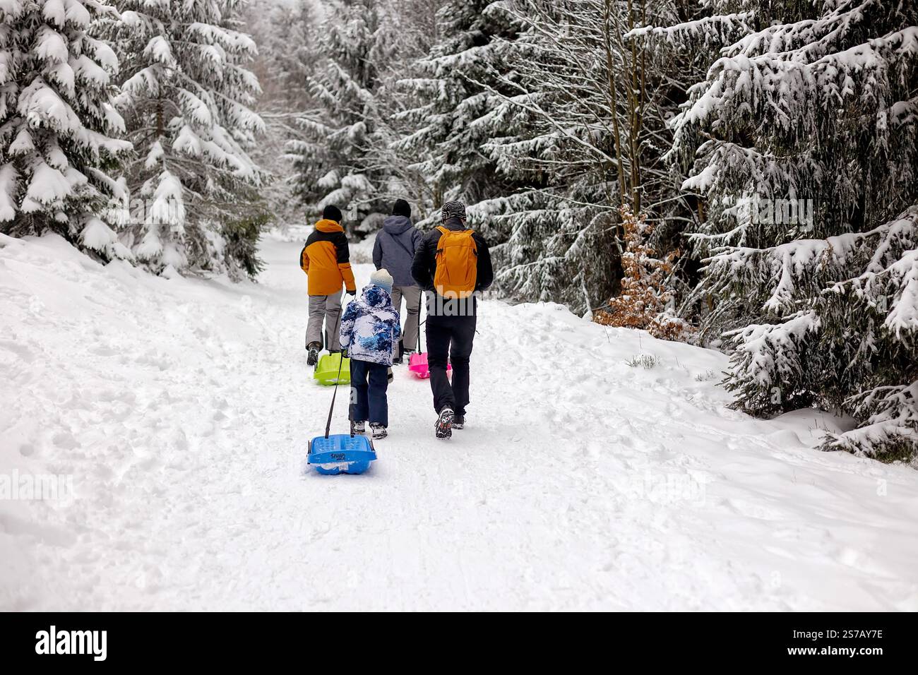 Sweet happy children, brothers, playing in deep snow in forest, frosted ...