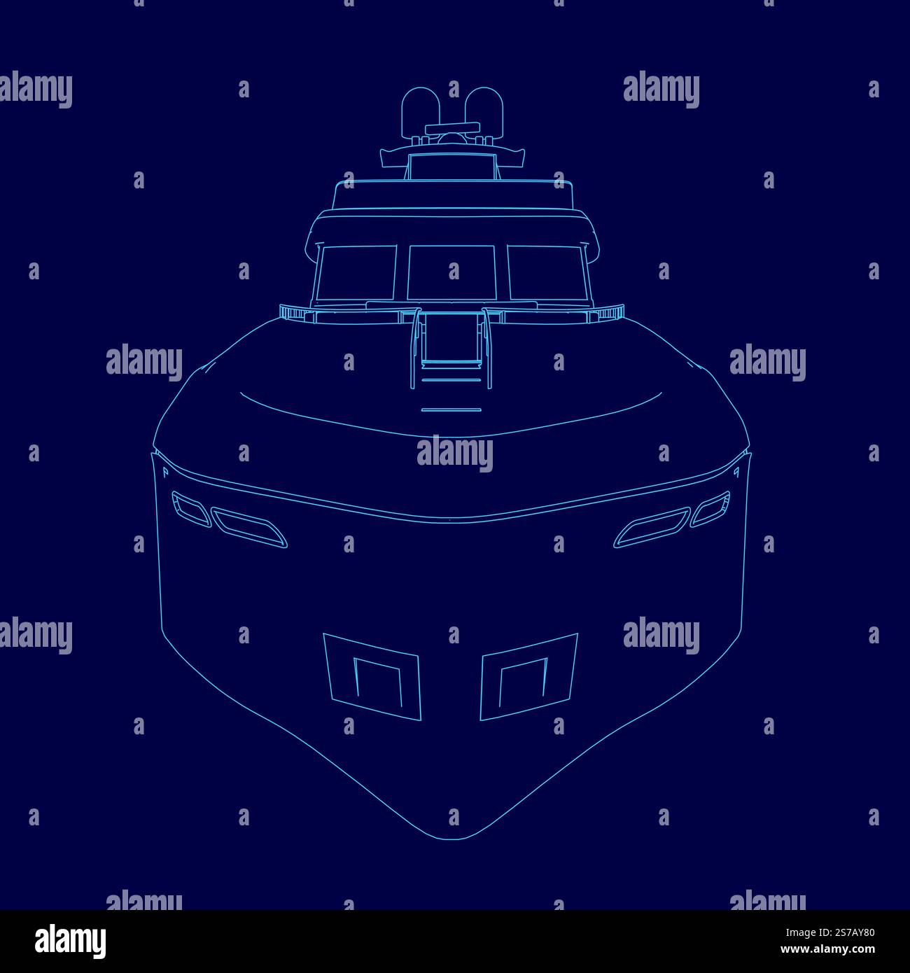 Blue boat outline. The boat is shown in a blue drawing. Front view ...