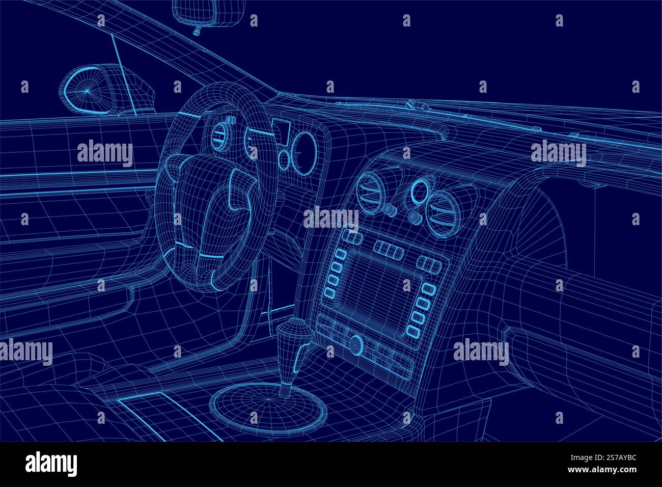 Blue car with a steering wheel and a dashboard with a bunch of buttons ...