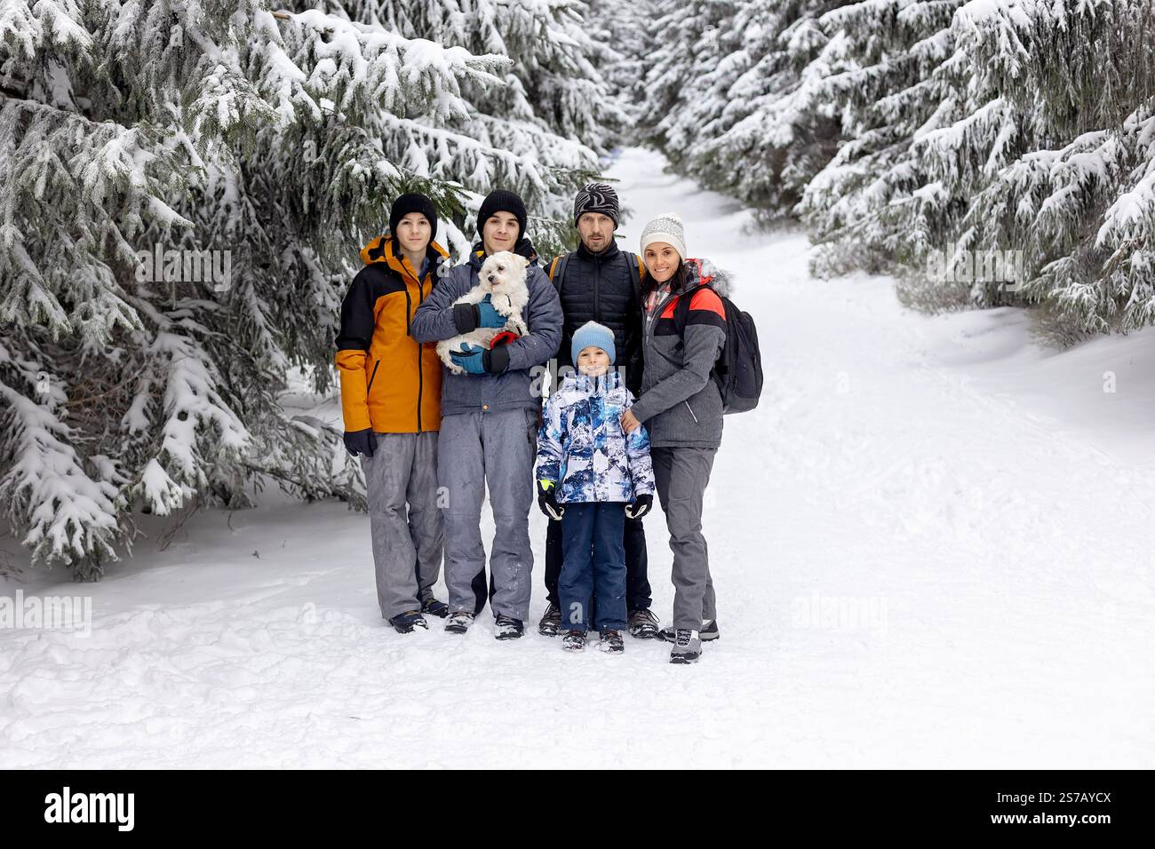 Sweet happy children, brothers, playing in deep snow in forest, frosted ...