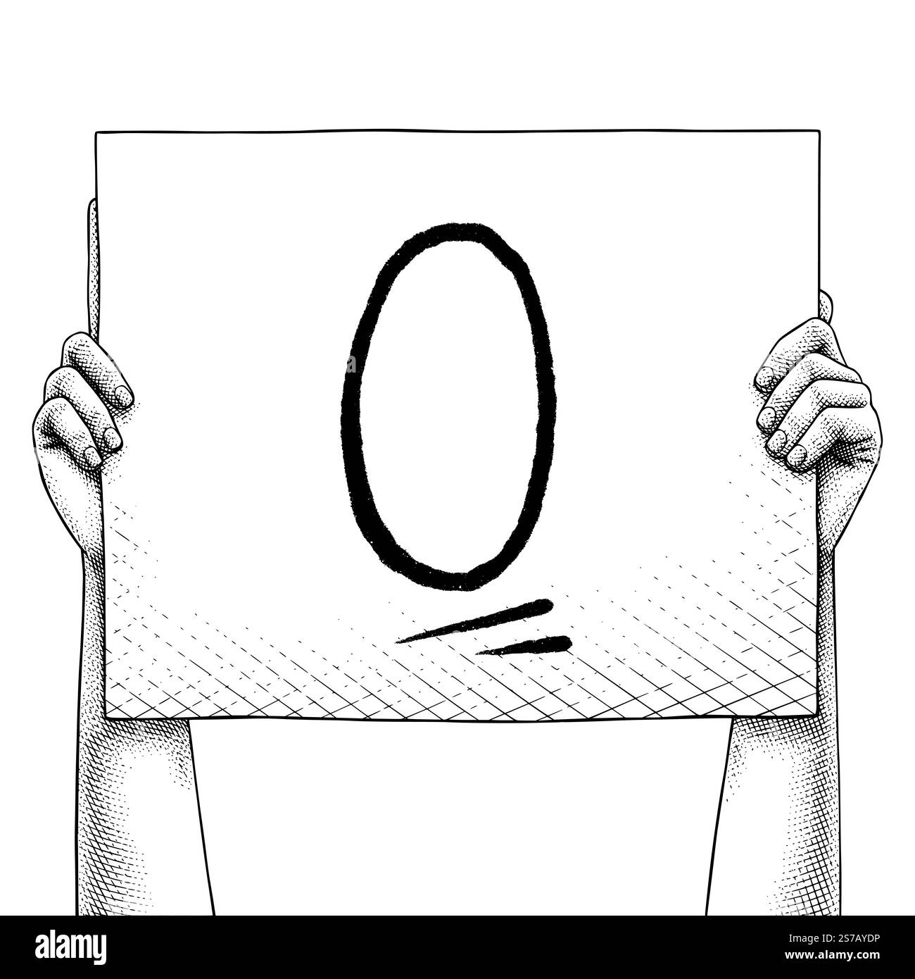 Hand raising a sign that says 0 drawn using engraving technique Stock ...