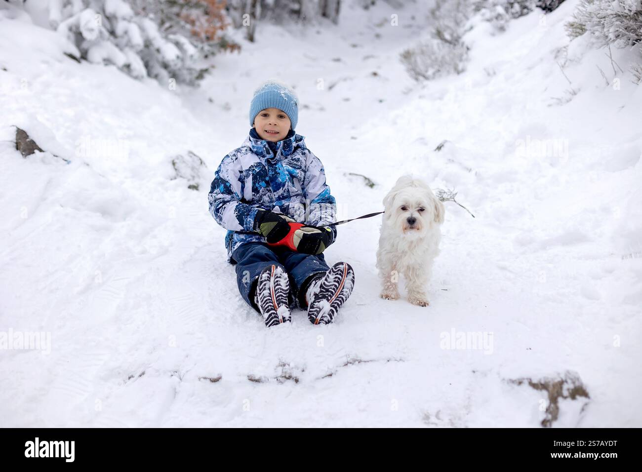 Sweet happy children, brothers, playing in deep snow in forest, frosted ...