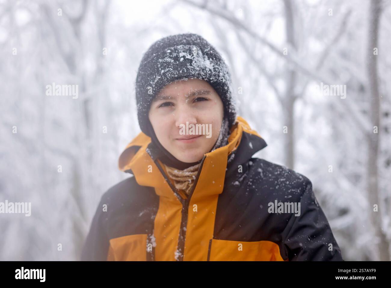 Sweet happy children, brothers, playing in deep snow in forest, frosted ...