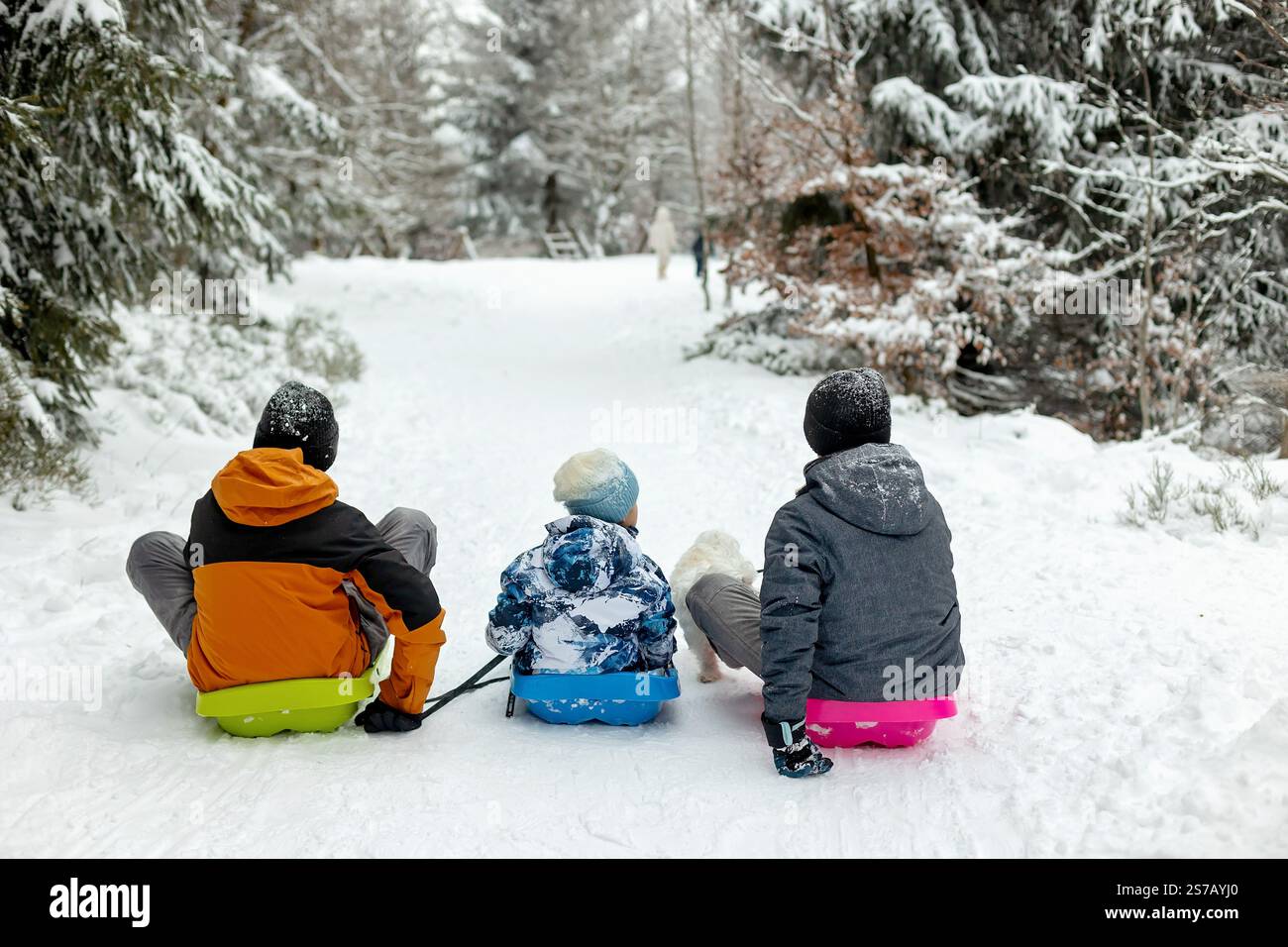 Sweet happy children, brothers, playing in deep snow in forest, frosted ...