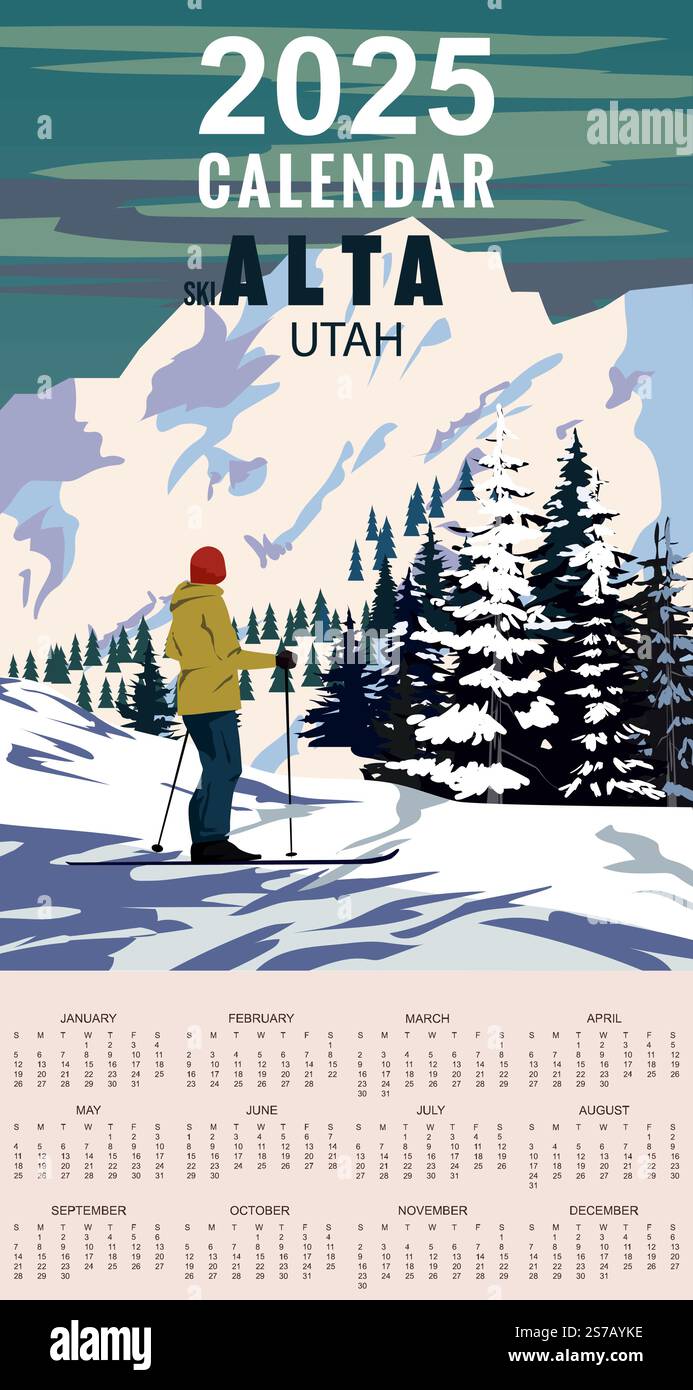 2025 Calendar Monthly Alta Ski Travel resort poster vintage Stock ...