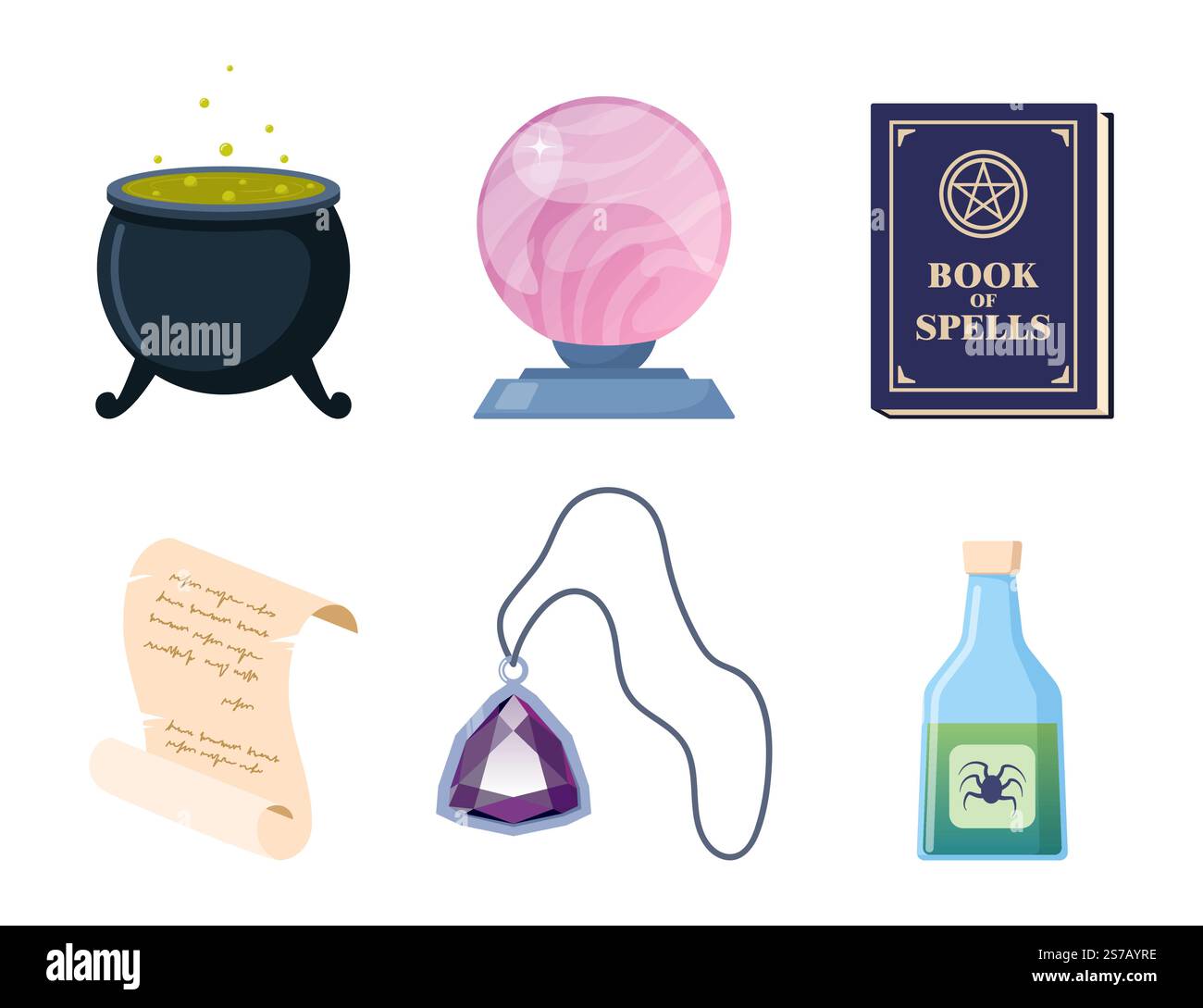 Magician tools. Wizard magic mystery amulet, spell book, crystal ball ...