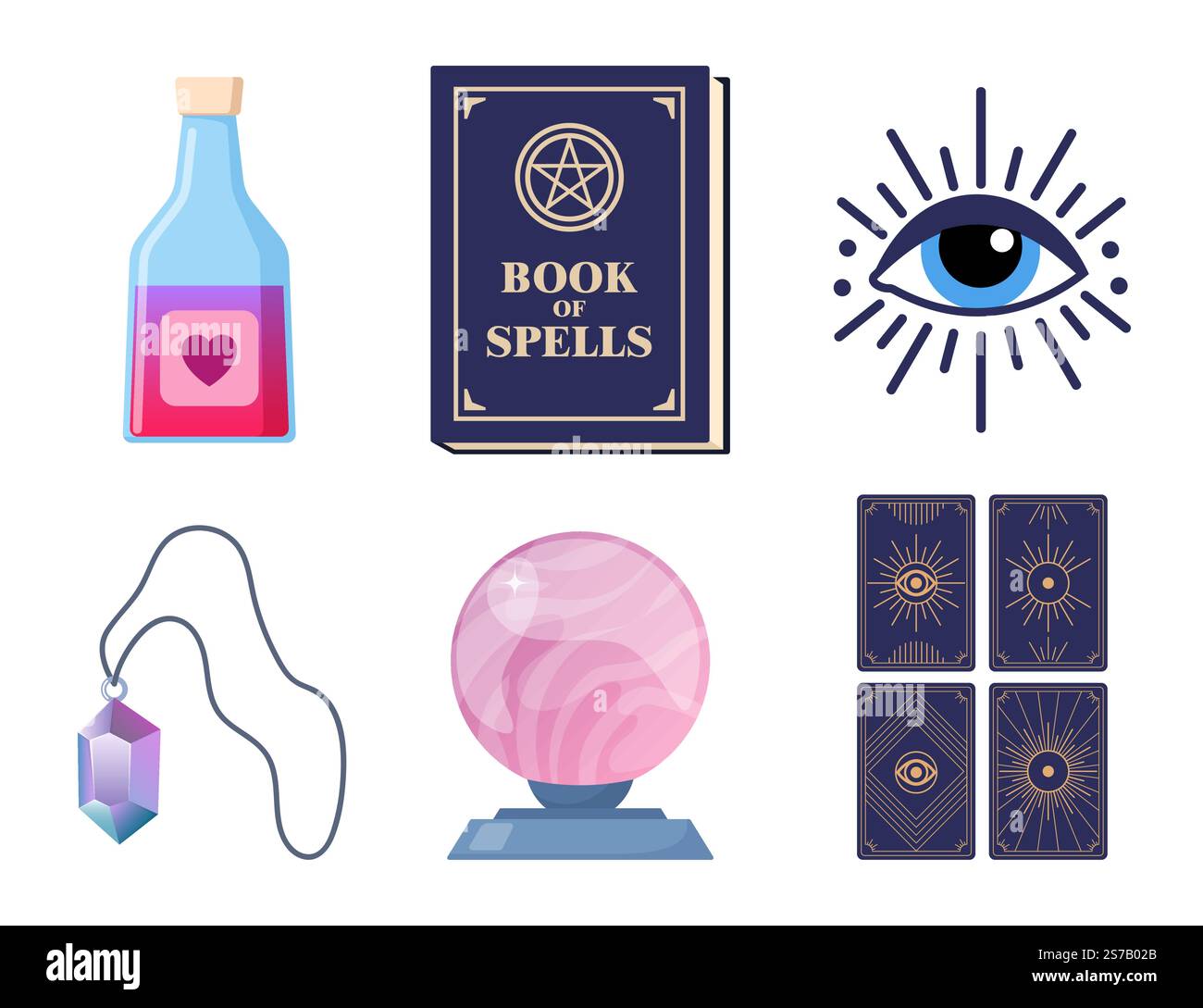 Magician tools. Wizard magic mystery amulet, spell book, crystal ball ...