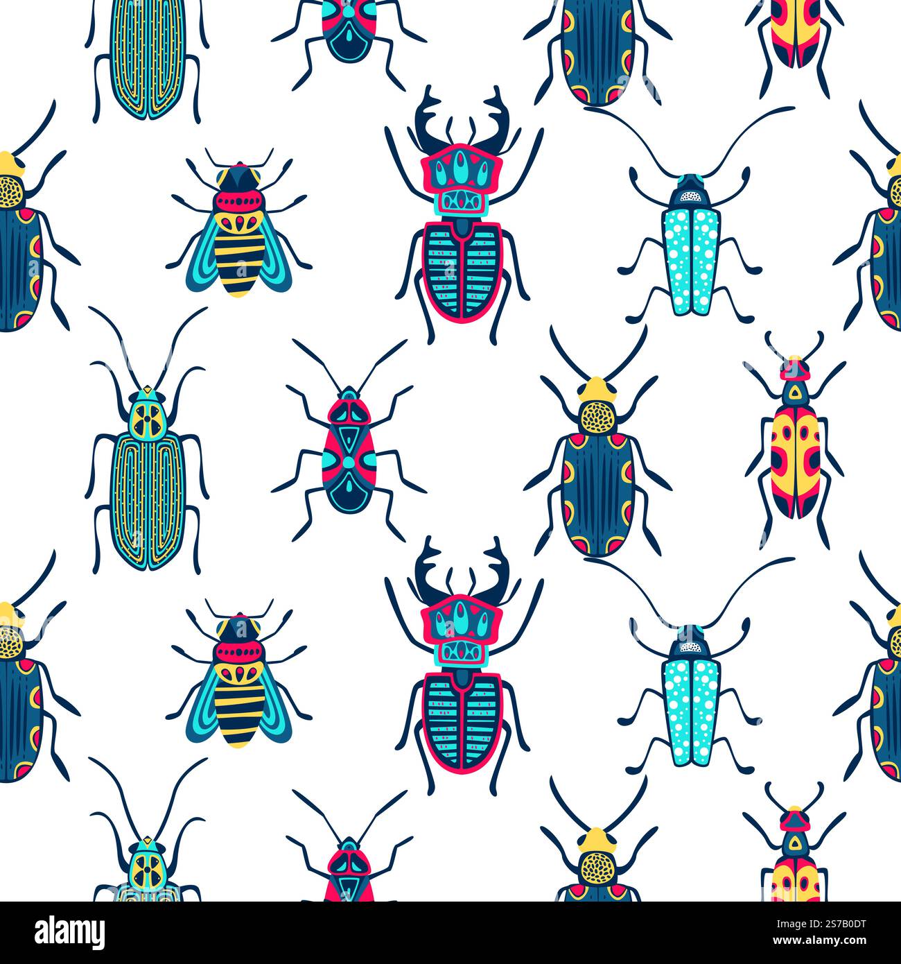 Colorful cute beetles and bugs seamless pattern. Vector flat cartoon ...