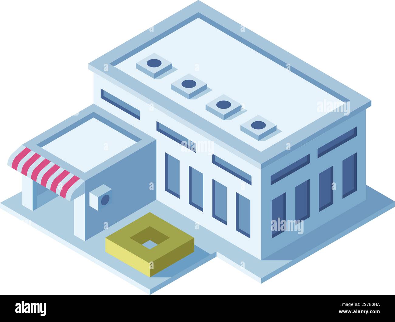 Modern isometric building featuring an awning, ventilation system on ...