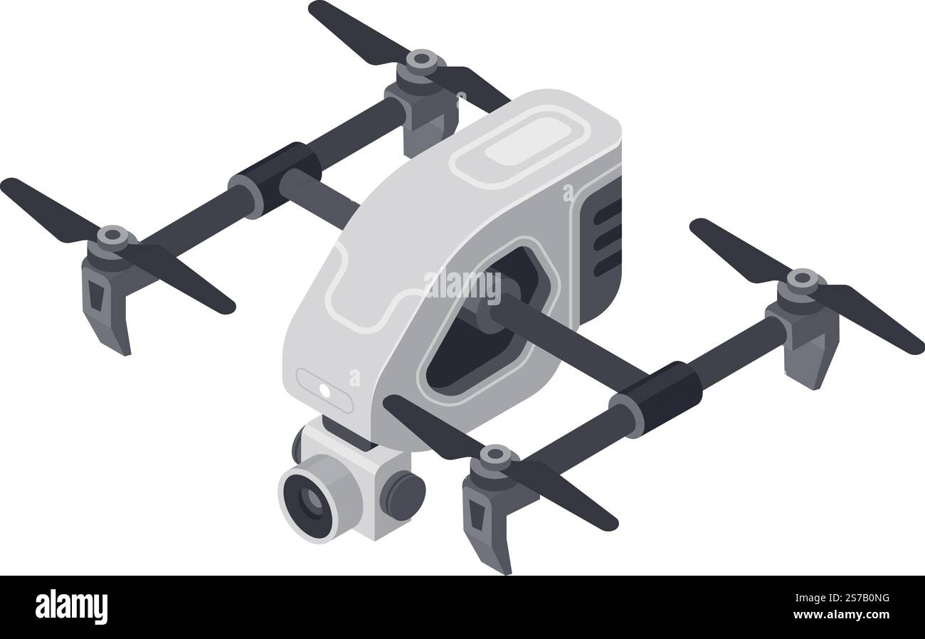 Professional camera drone hovering, showing camera and propellers, with ...