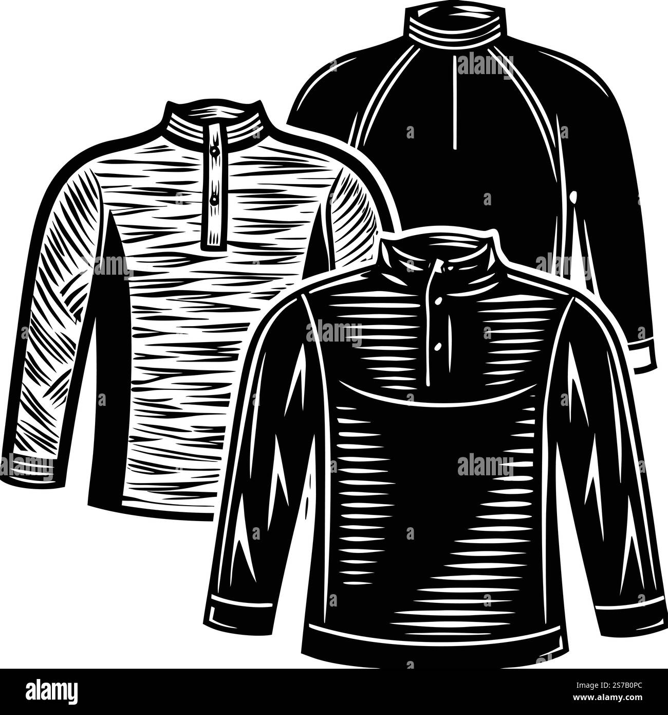 Monochrome vector depiction of layered winter thermal tops, featuring ...