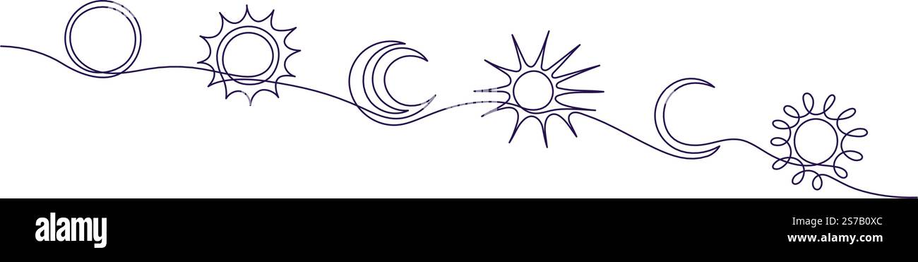 Day, night, sun, quarter of moon. Vector astrology circuit. Linear hand ...