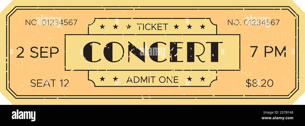 Close up of a vintage style concert ticket showing the date, time, seat ...
