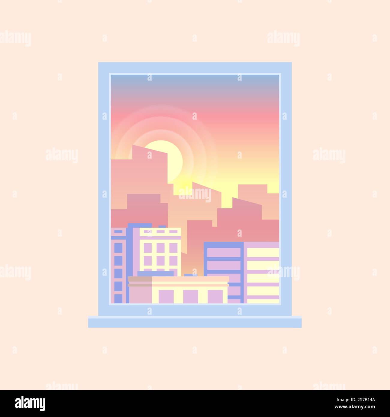 Warmly colored sunrise illuminating a generic cityscape view from a ...