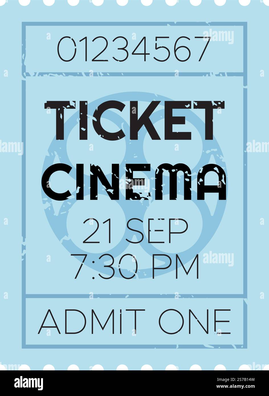 Light blue cinema ticket for a movie showing at 7,30 pm on the 21st of ...