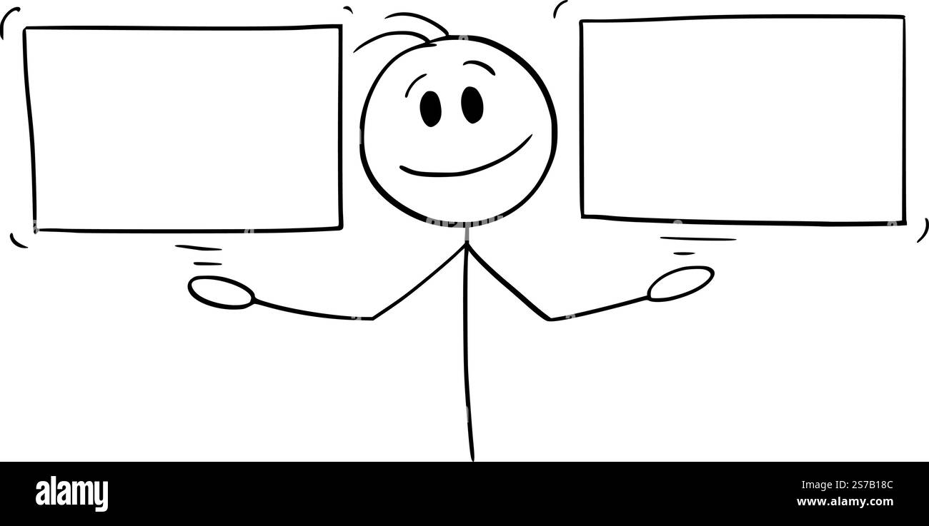 Person holding two empty signs in hands, vector cartoon stick figure or ...