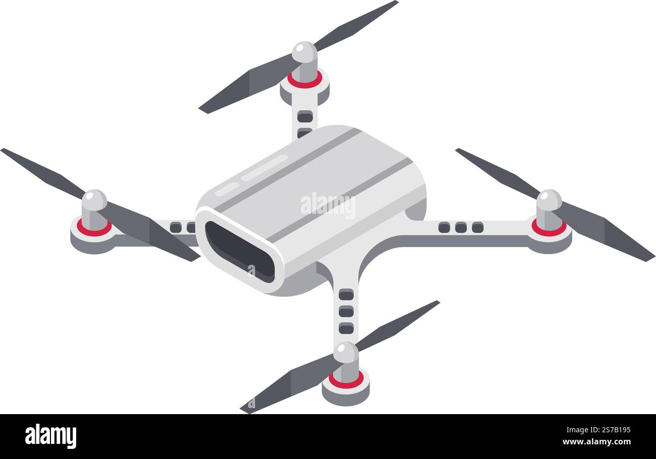 White drone with rotating propellers and a camera flying, capturing ...